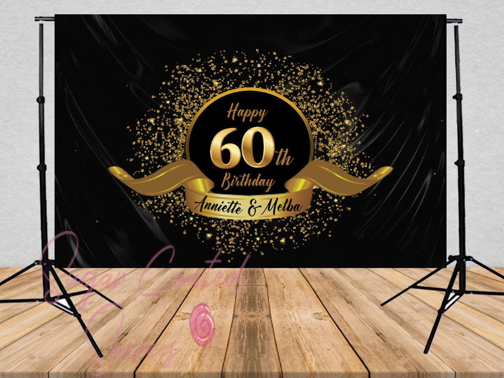 PRINTED 60th Birthday backdrop. Gold Black backdrop, Gold Glitter Back ...